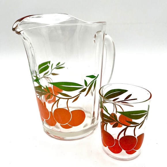 Anchor Hocking | Dining | Vintage Mcm Glass Pitcher Cup Set Orange ...